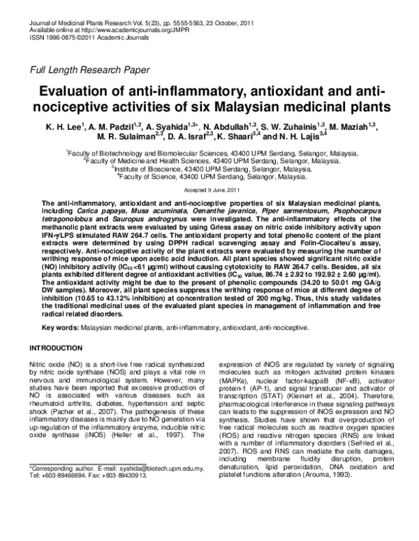 Pdf Evaluation Of Anti Inflammatory Antioxidant And Antinociceptive