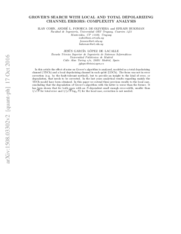 (PDF) Grover’s search with local and total depolarizing channel errors: complexity analysis