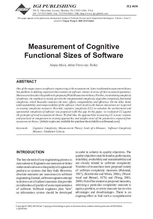 (PDF) Measurement of Cognitive Functional Sizes of Software