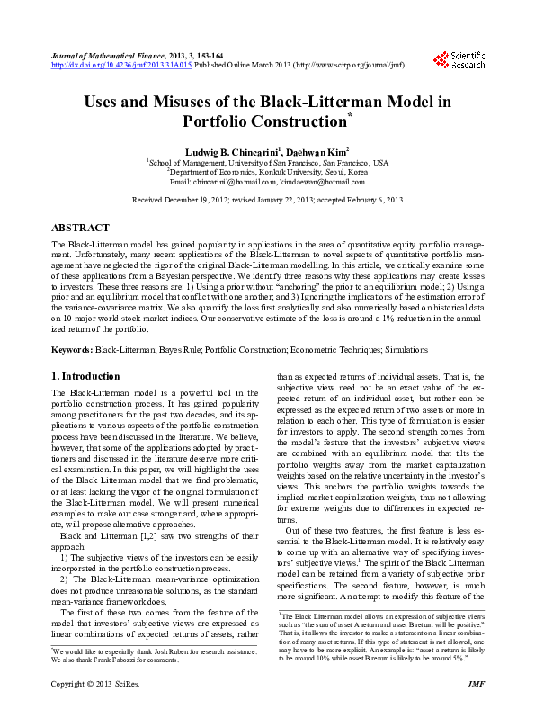 (PDF) Using the Black Litterman Approach without an Equilibrium Model 2 ...