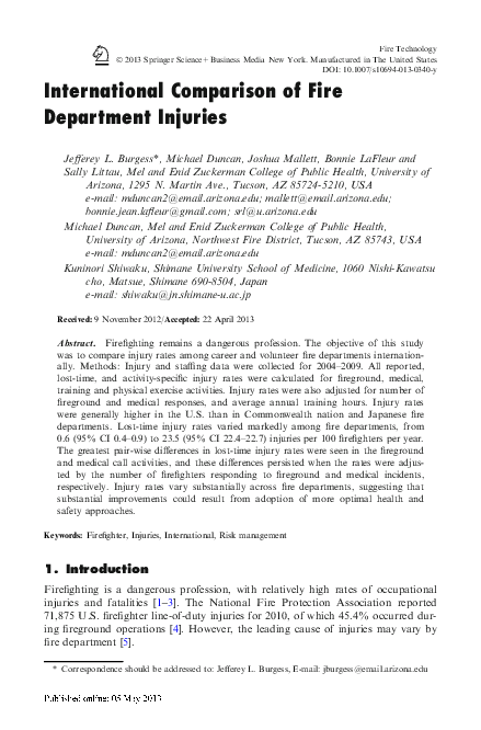 (PDF) International Comparison of Fire Department Injuries