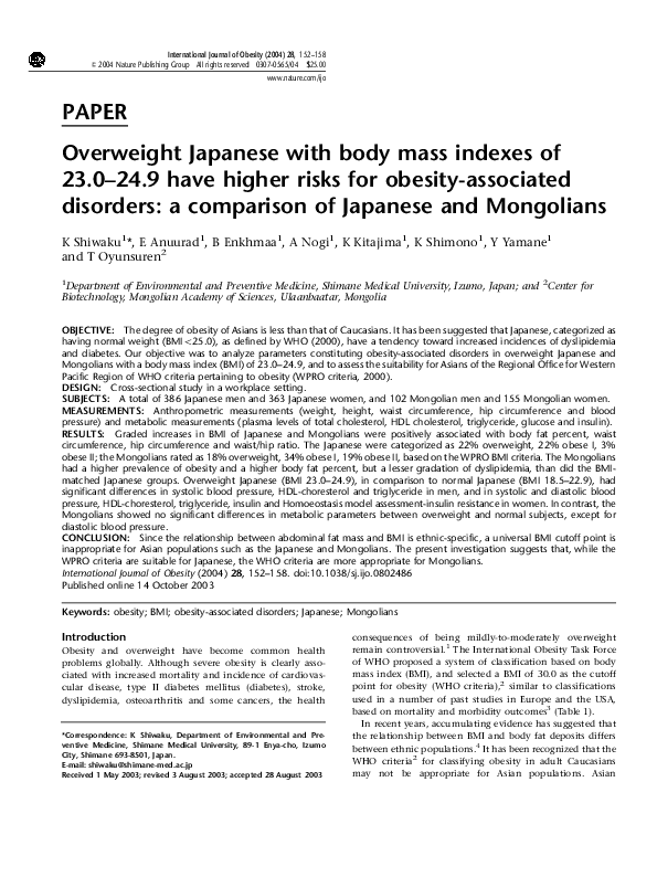 (PDF) Overweight Japanese with body mass indexes of 23.0–24.9 have ...