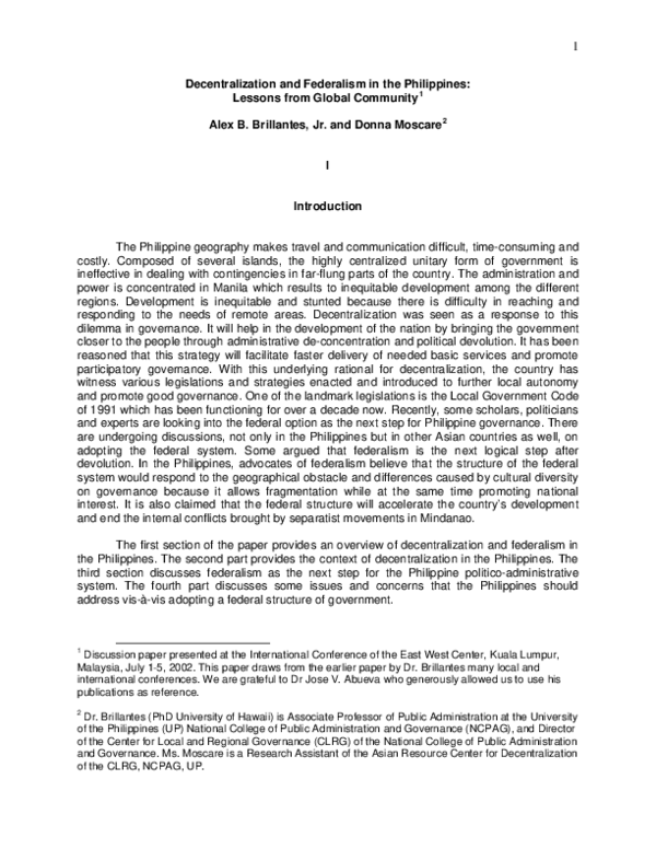 (PDF) Decentralization and Federalism in the Philippines: Lessons from ...