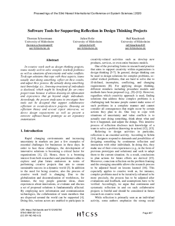(PDF) Software Tools for Supporting Reflection in Design Thinking Projects