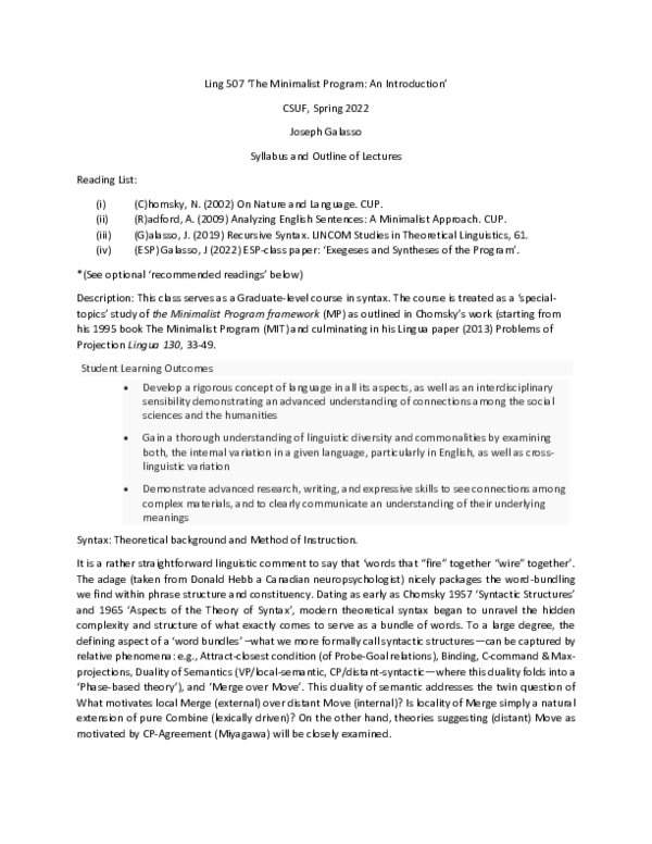 (PDF) Minimalist Syntax: Course Overview and Goals