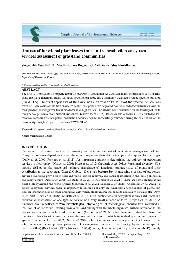 (PDF) The use of functional plant leaves traits in the production ...