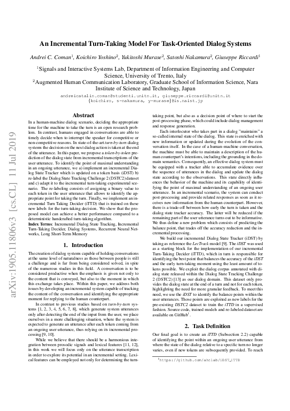Pdf An Incremental Turn Taking Model For Task Oriented Dialog Systems Andrei Coman