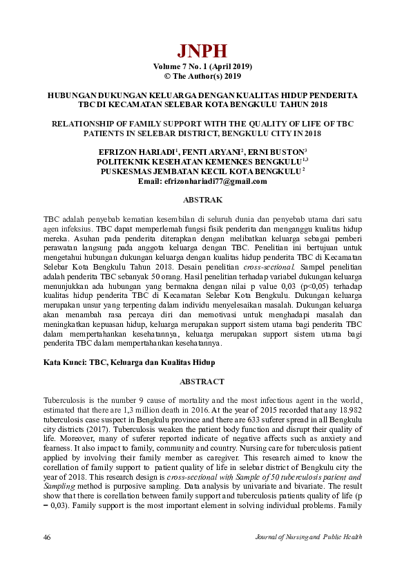 (PDF) Hubungan Dukungan Keluarga Dengan Kualitas Hidup Penderita TBC DI Kecamatan Selebar Kota ...