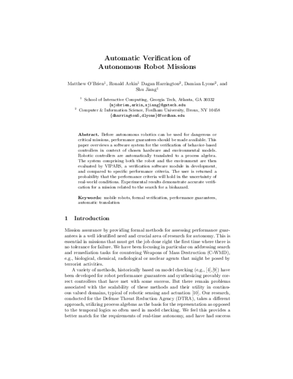 Pdf Automatic Verification Of Autonomous Robot Missions
