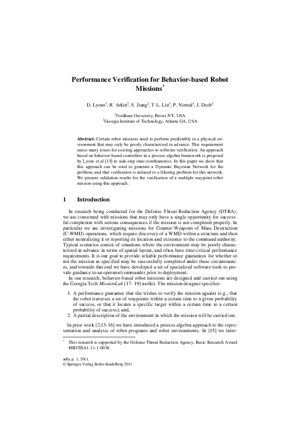 (PDF) Performance Verification for Behavior-Based Robot Missions