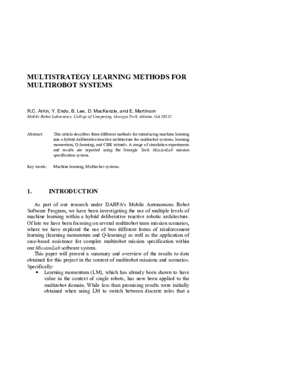 (PDF) Multistrategy Learning Methods for Multirobot Systems