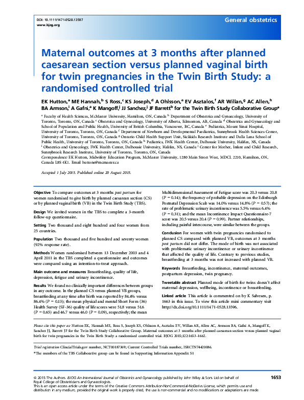 Pdf Maternal Outcomes At 3 Months After Planned Caesarean Section