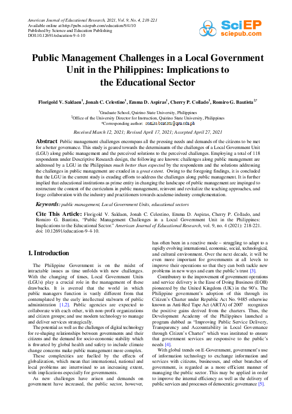 (PDF) Public Management Challenges in a Local Government Unit in the ...