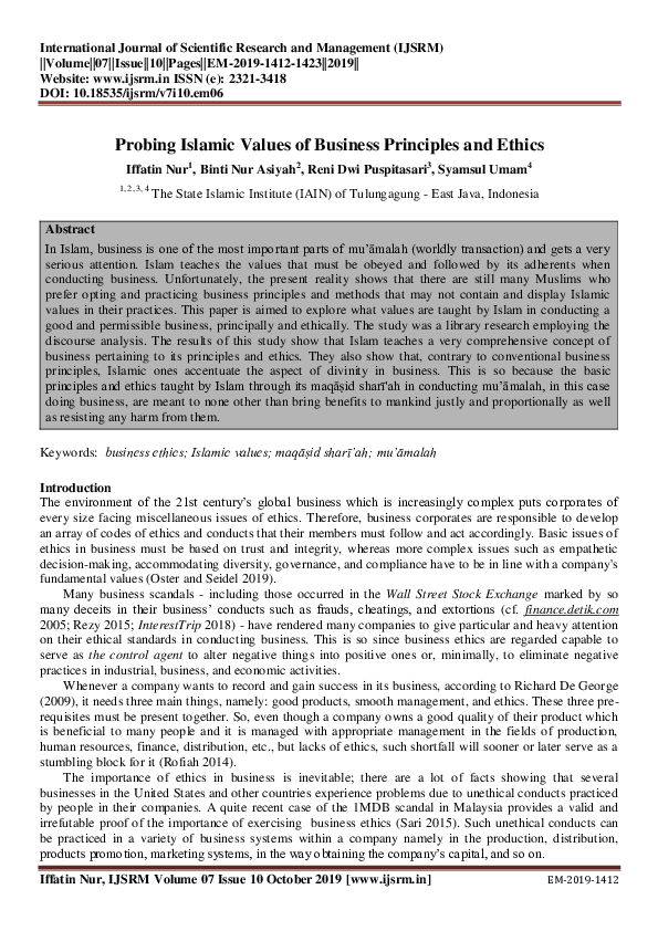 (PDF) Probing Islamic Values of Business Principles and Ethics
