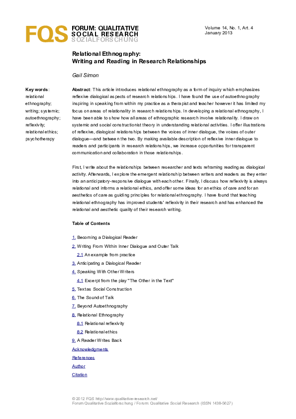 (PDF) Relational Ethnography: Writing and Reading in Research Relationships