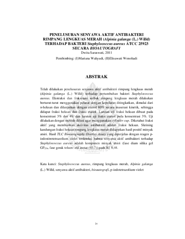 (PDF) Penelusuran Senyawa Aktif Antibakteri Rimpang Lengkuas Merah (Alpinia Galanga (l.) Willd ...