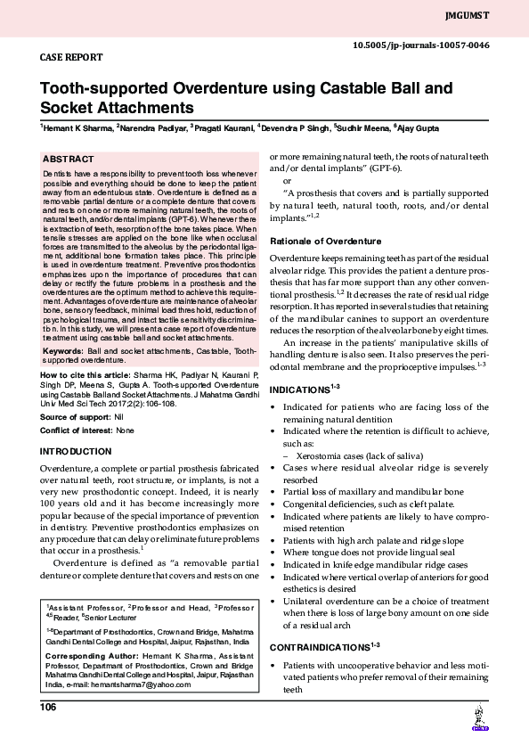 (PDF) Tooth-supported Overdenture using Castable Ball and Socket ...