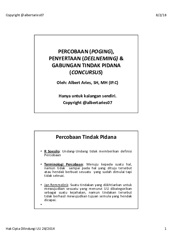 (PDF) PERCOBAAN (POGING), PENYERTAAN (DEELNEMING) & GABUNGAN TINDAK PIDANA (CONCURSUS