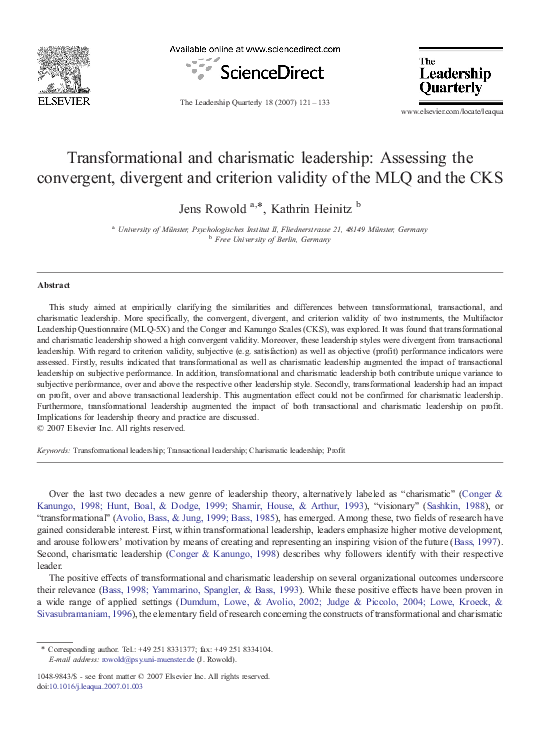 (PDF) Transformational and charismatic leadership: Assessing the ...