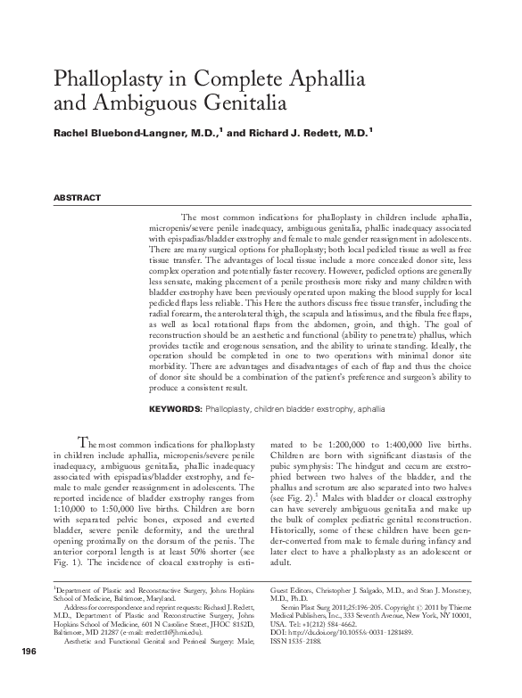 (PDF) Phalloplasty in Complete Aphallia and Ambiguous Genitalia