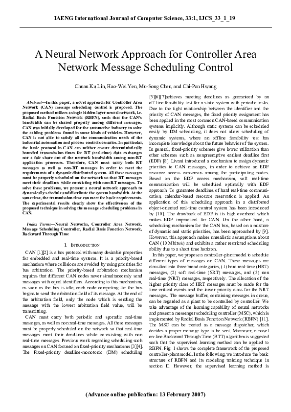 (PDF) A Neural Network Approach for Controller Area Network Message Scheduling Control