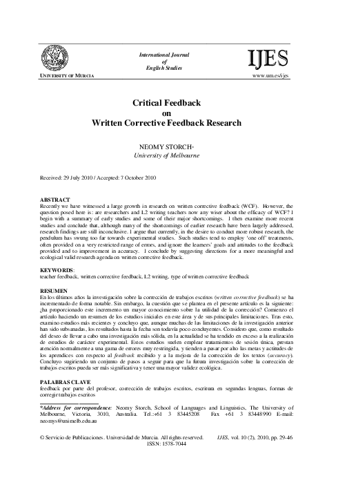 (PDF) Critical Feedback on Written Corrective Feedback Research