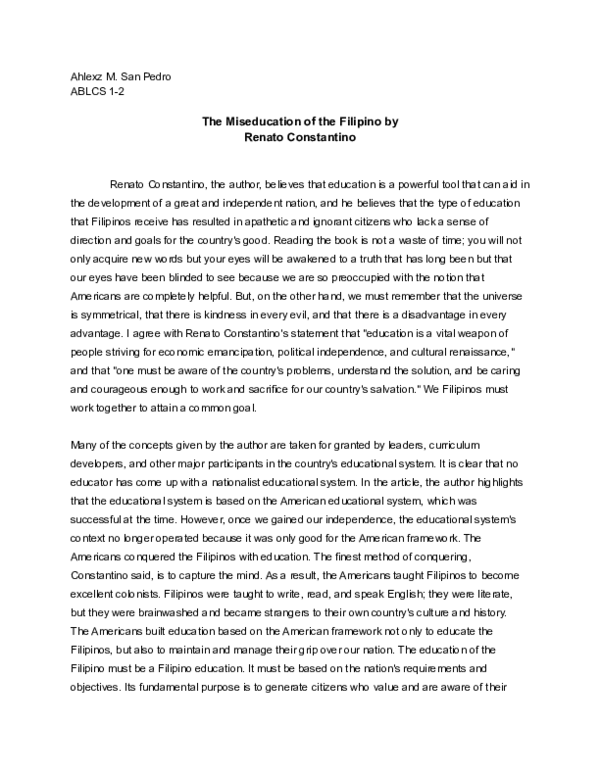 (PDF) The Miseducation of the Filipino by Renato Constantino