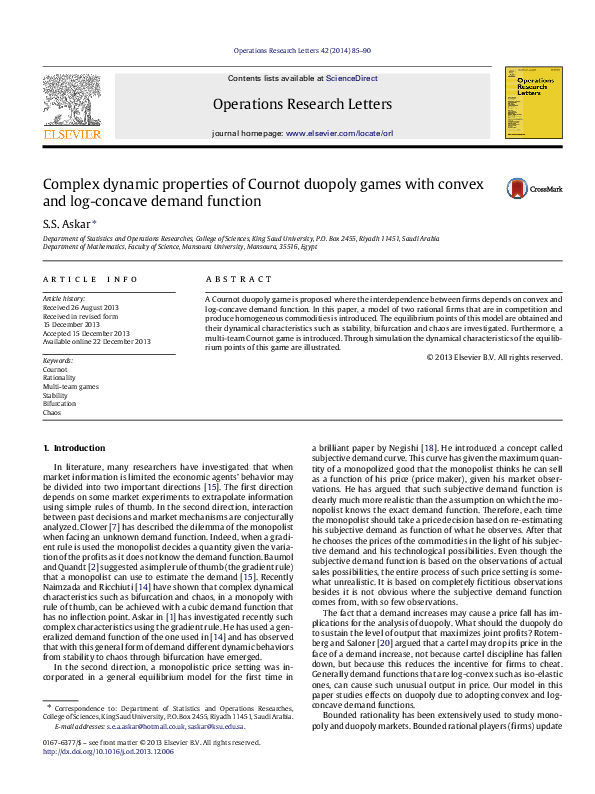 (PDF) Complex dynamic properties of Cournot duopoly games with convex ...