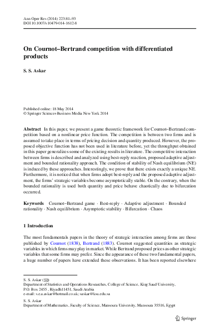 Pdf On Cournot Bertrand Competition With Differentiated Products