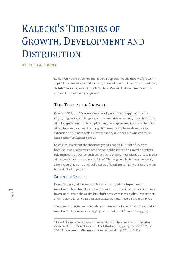 (PDF) Kalecki's Theories of Growth, Development and Distribution