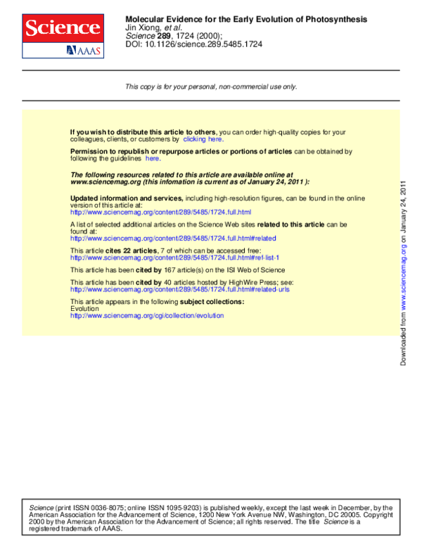 (PDF) Molecular evidence for the early evolution of photosynthesis