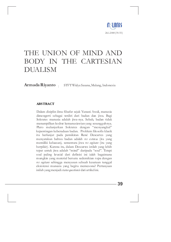 (PDF) The Union of Mind and Body in the Cartesian Dualism