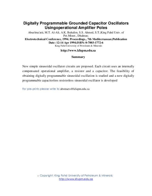 (PDF) Digitally programmable grounded capacitor oscillators using operational amplifier poles