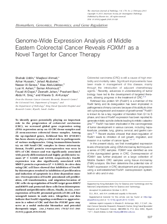 (PDF) Genome-Wide Expression Analysis of Middle Eastern Colorectal Cancer Reveals FOXM1 as a ...