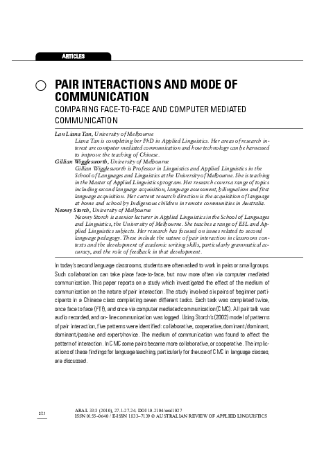 (PDF) Pair Interactions and Mode of Communication: Comparing Face-To ...