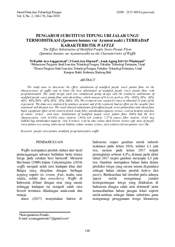 (PDF) PENGARUH SUBSTITUSI TEPUNG UBI JALAR UNGU TERMODIFIKASI (Ipomoea batatas var Ayamurasaki ...