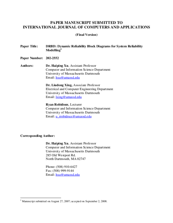 Pdf Drbd Dynamic Reliability Block Diagrams For System Reliability