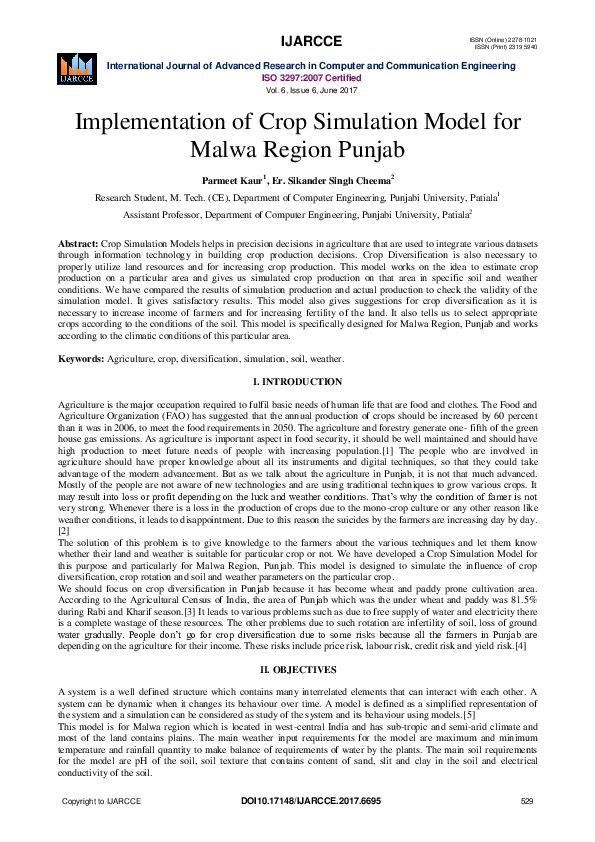 (PDF) Implementation of Crop Simulation Model for Malwa Region Punjab