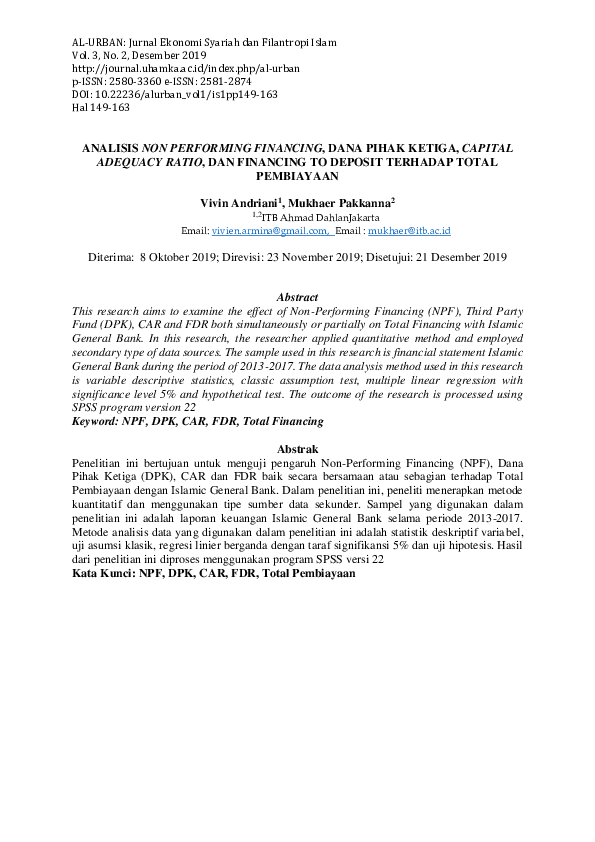 (PDF) Analisis Non Performing Financing, Dana Pihak Ketiga, Capital Adequacy Ratio, Dan ...