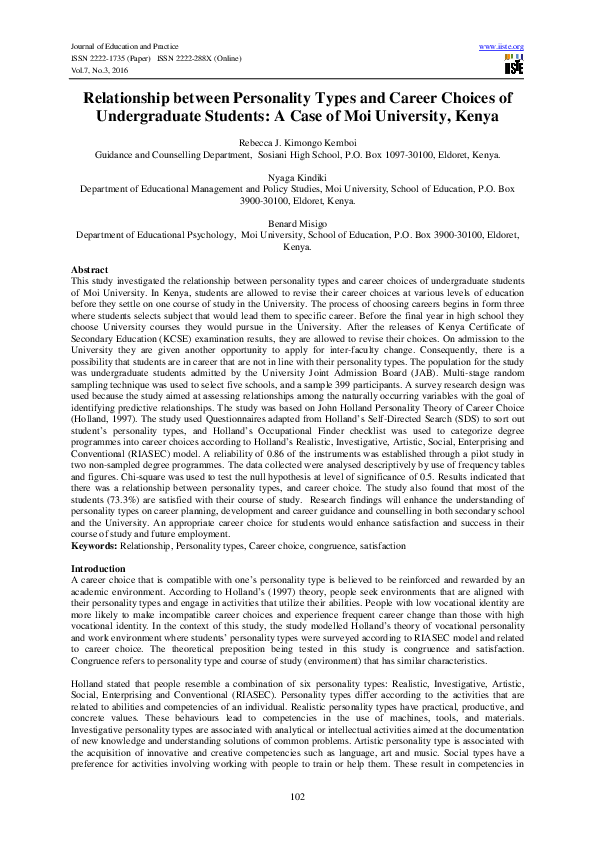 (PDF) Relationship between Personality Types and Career Choices of ...
