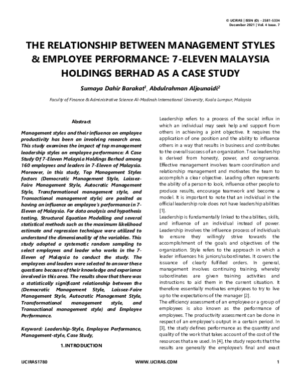 (PDF) THE RELATIONSHIP BETWEEN MANAGEMENT STYLES & EMPLOYEE PERFORMANCE ...