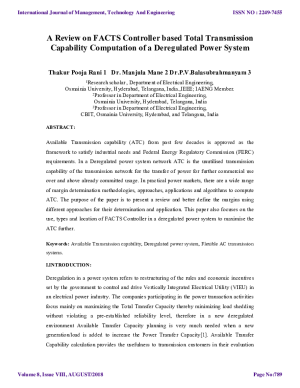Pdf A Review On Facts Controller Based Total Transmission Capability Computation Of A