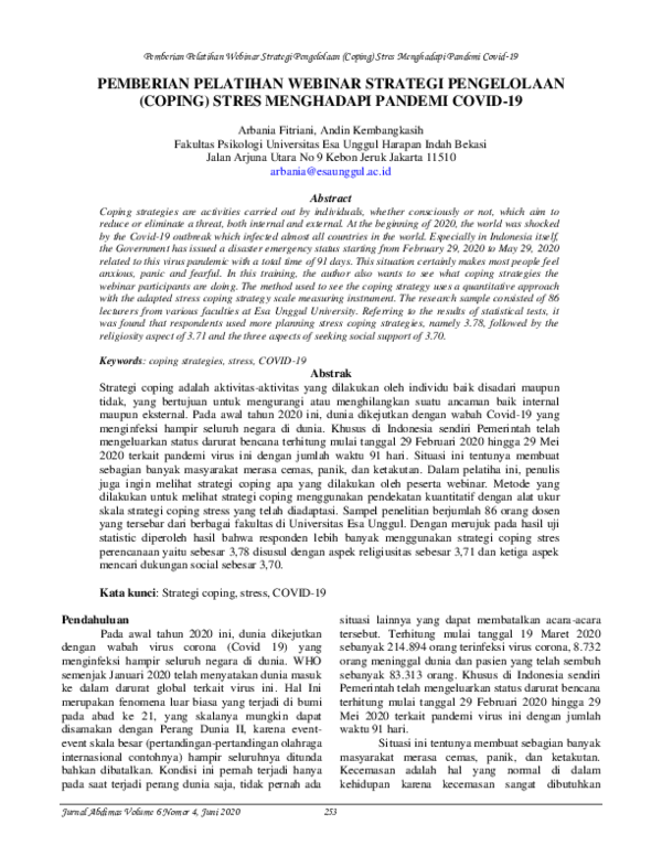 (PDF) Pemberian Pelatihan Webinar Strategi Pengelolaan (Coping) Stres Menghadapi Pandemi COVID-19