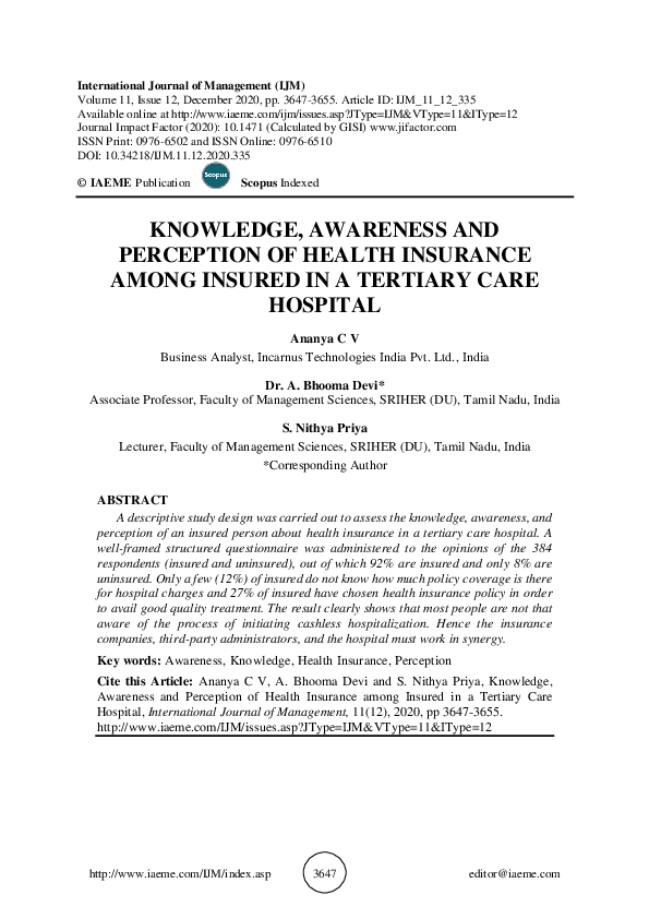 (PDF) KNOWLEDGE, AWARENESS AND PERCEPTION OF HEALTH INSURANCE AMONG ...