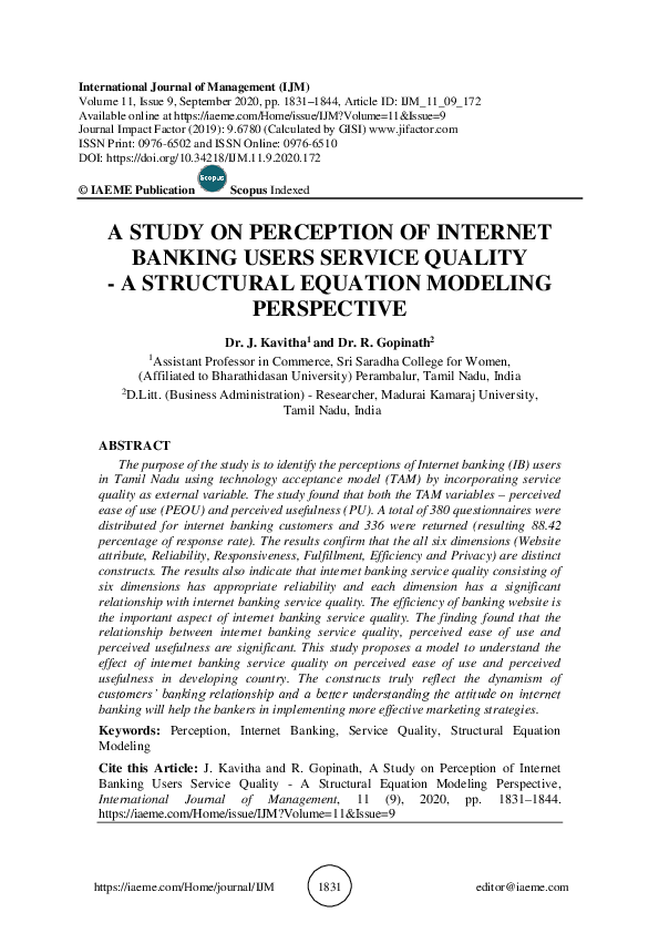 (PDF) A STUDY ON PERCEPTION OF INTERNET BANKING USERS SERVICE QUALITY -A STRUCTURAL EQUATION ...