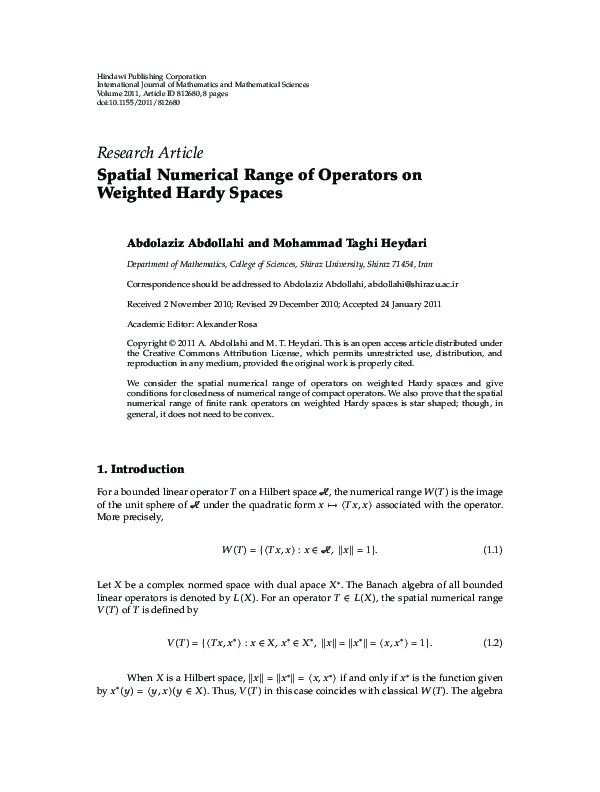 Pdf Spatial Numerical Range Of Operators On Weighted Hardy Spaces