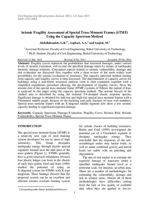 (PDF) Seismic Fragility Assessment of Special Truss Moment Frames (STMF ...