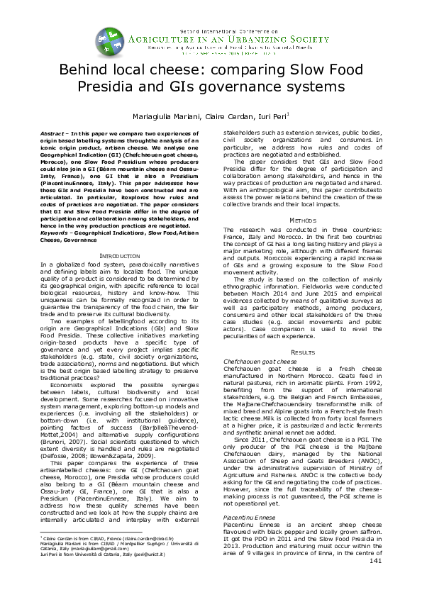 (PDF) Behind local cheese: comparing slow food Presidia and GIs ...