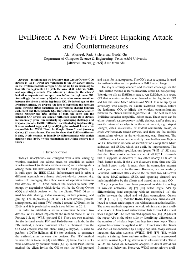 (PDF) EvilDirect: A New Wi-Fi Direct Hijacking Attack and Countermeasures
