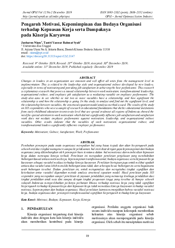 (PDF) Pengaruh Motivasi, Kepemimpinan dan Budaya Organisasi Terhadap Kepuasan Kerja serta ...